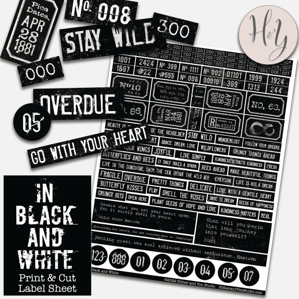Black and White Label Sheet - Hither and Yon Studio