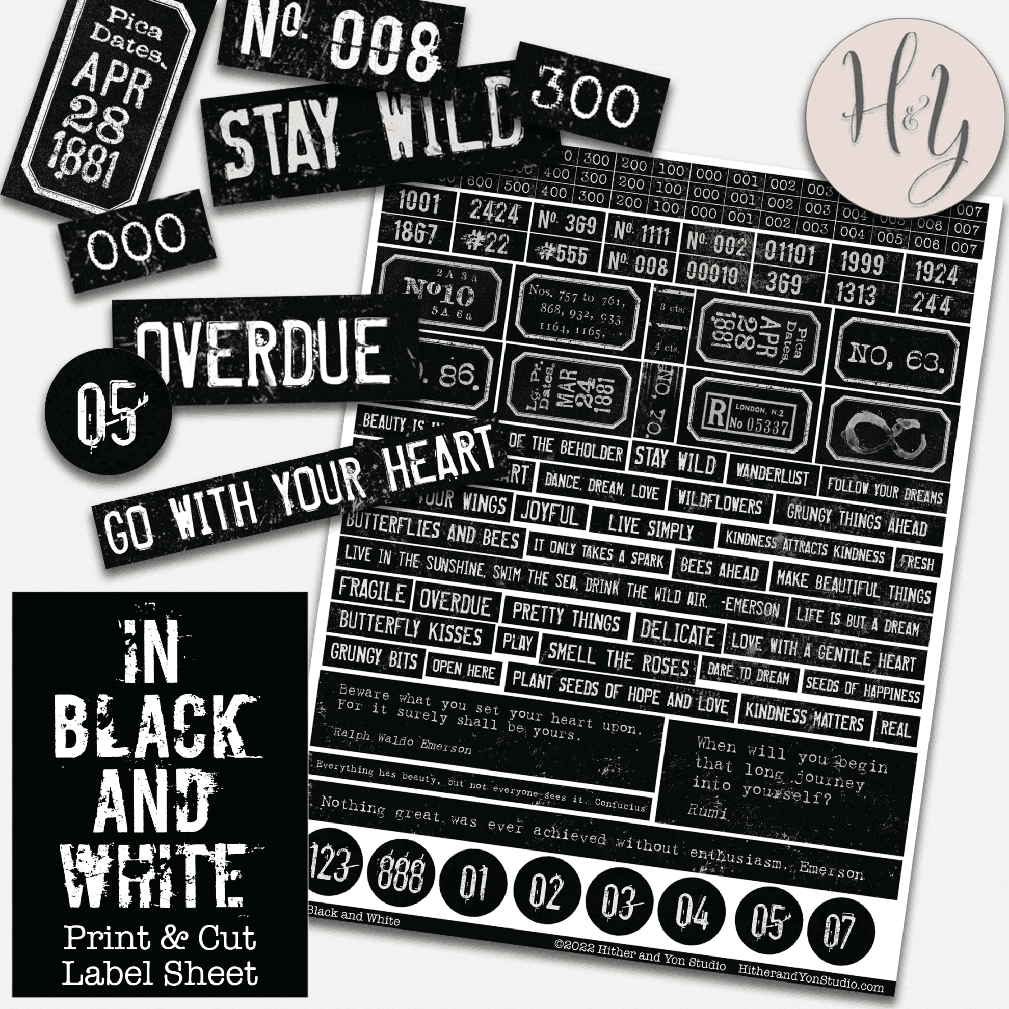Black and White Label Sheet - Hither and Yon Studio