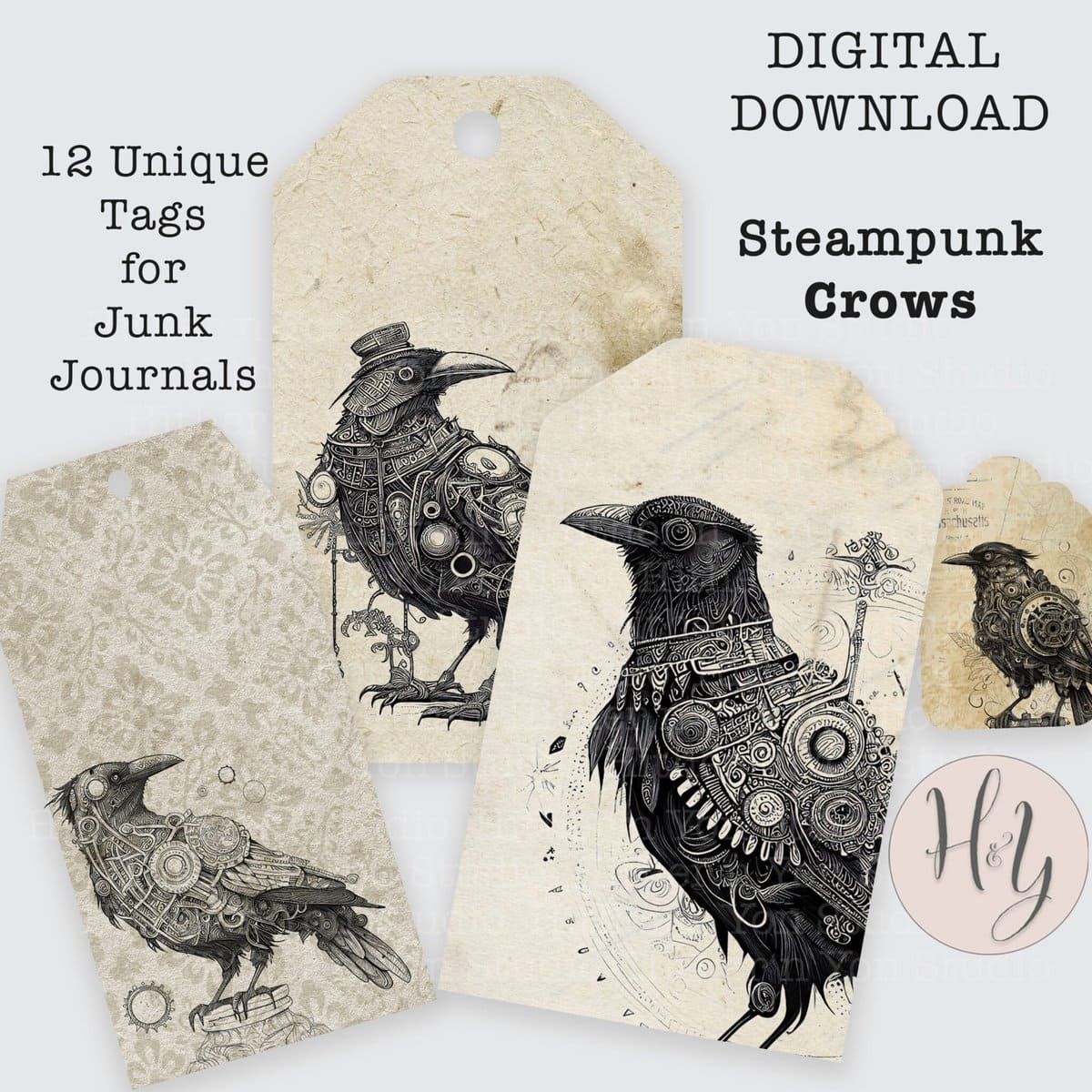 Steampunk Crow Themed Tags - Hither and Yon Studio